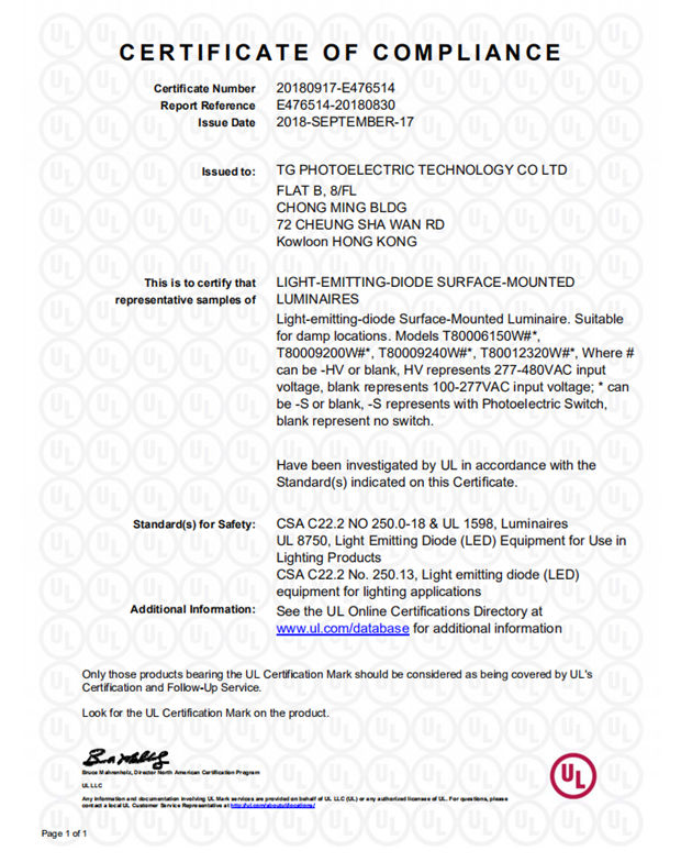 TGLIGHTS Received UL Certificate for T800 LED Linear High Bay-LED High ...
